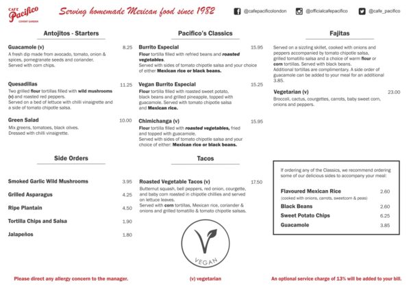 Mexican Restaurant Menus | Café Pacifico | Covent Garden