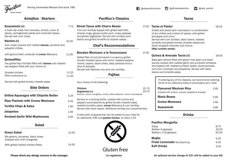 Mexican Restaurant Menus | Café Pacifico | Covent Garden