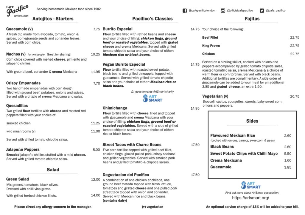 Mexican Restaurant Menus | Café Pacifico | Covent Garden