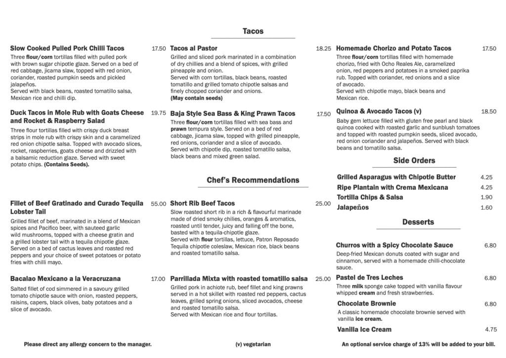 Mexican Restaurant Menus | Café Pacifico | Covent Garden
