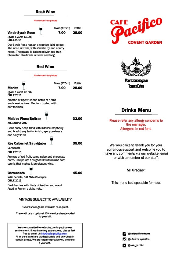 Mexican Restaurant Menus | Café Pacifico | Covent Garden