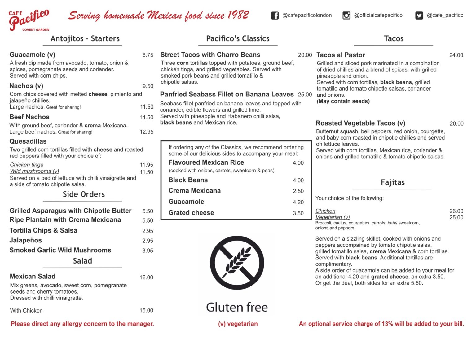 Mexican Restaurant Menus | Café Pacifico | Covent Garden